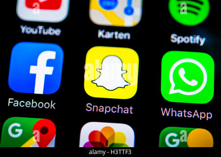 Facebook and Whatsapp icon on monitor screen. Two of the biggest social ...