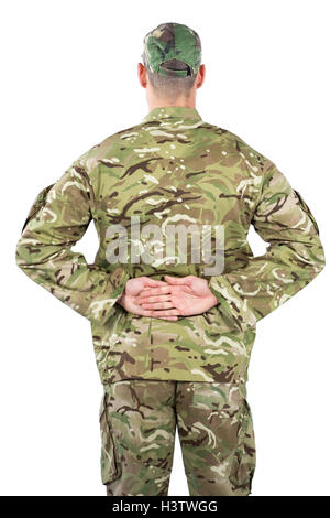 Rear view of soldier standing with his hands behind back against waving ...