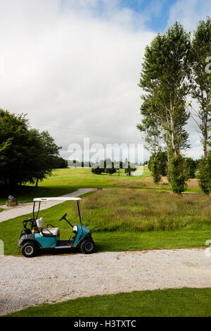 Golf cart on beautiful golf course at sunset Stock Photo - Alamy
