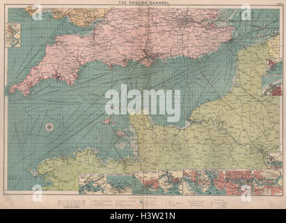 English Channel sea chart. Ports lighthouses mail routes. LARGE 1927 ...