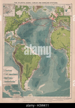 Atlantic Ocean. Cables Wireless Stations Land visibility Shipping lines ...