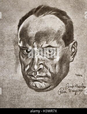 Sketch of Benito Mussolini (1883-1945) an Italian politician, dictator ...