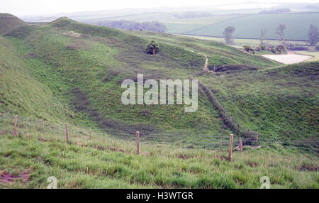 View of Maiden Castle, an Iron Age hill fort, a type of earthworks used ...