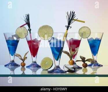 Long drinks, Blue Curacao, Campari, ice cubes, fruits, Still life, Long ...