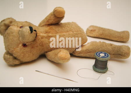 Soft toy "Teddy bear" torn and thrown on the abandoned camp of nomadic ...