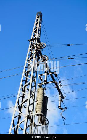 Power cables against a blue sky at sunset with vapour trail Stock Photo ...