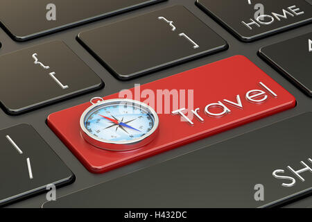 Travel concept: computer keyboard with Compass icon on enter button ...