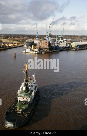 Shipyard, newly constructed ship, tugboat, Emden, Germany Stock Photo ...