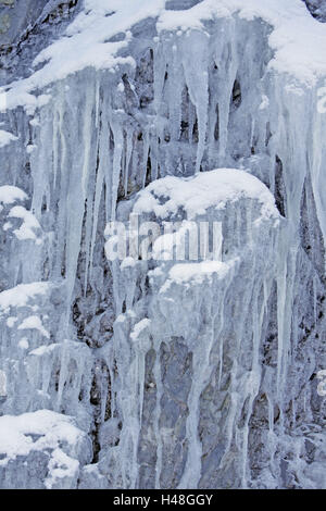 Iced and snow-covered rock face at Godafoss waterfall, snowy landscape ...