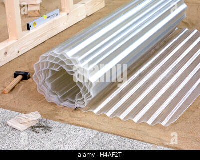 Building site, shell construction, bitumen, corrugated sheet, roof ...