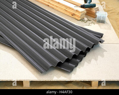 Building site, shell construction, bitumen, corrugated sheet, roof ...