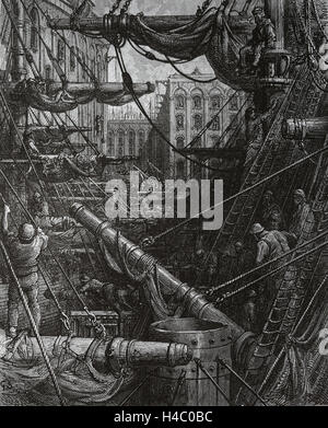 Inside the Docks. Engraving by Gustave Doré, from 'London, a Pilgrimage ...