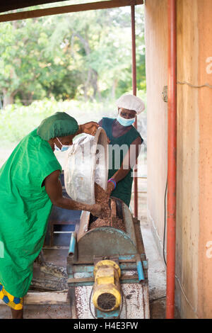 Employees process shea nuts into shea butter at a fair trade production ...