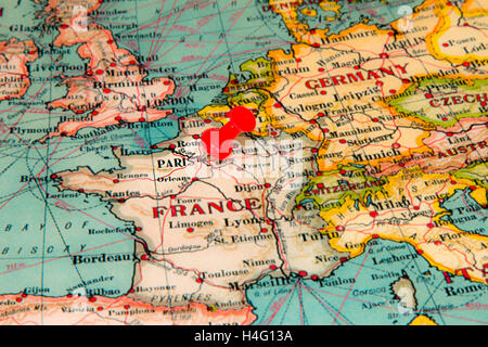 Paris, France pinned on vintage map of Europe Stock Photo - Alamy