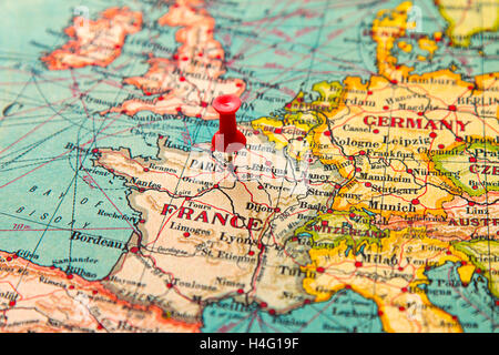Paris, France pinned on vintage map of Europe Stock Photo - Alamy