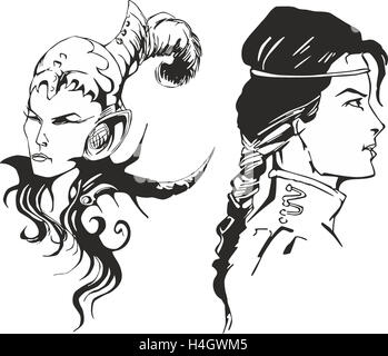 Fantasy set of two sexy amazon women with blades. Mythical lady ...