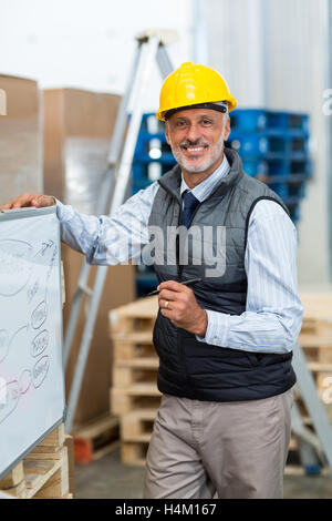 Portrait of happy worker standing near forklift in oil factory Stock ...