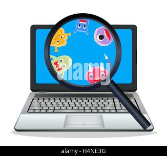 laptop computer with hand and magnifying glass vector illustration ...