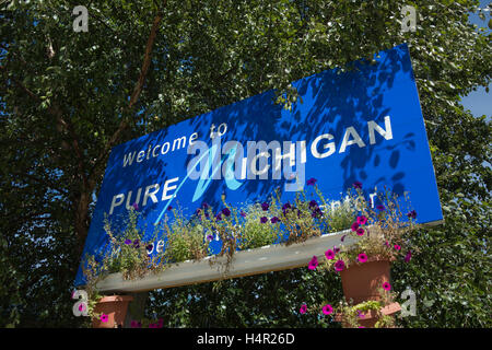 Welcome to Pure Michigan sign at the border between Michigan and ...