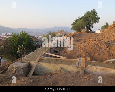 Retaining wall on building site made from large Lego concrete blocks ...