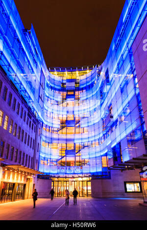 Broadcasting House entrance at night with blue flood lighting on new ...