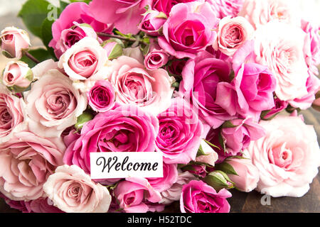Welcome Card with Bouquet of Pink Roses Stock Photo - Alamy