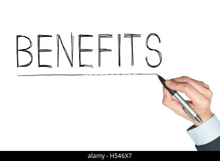 benefits written by hand, hand writing on transparent board, photo ...