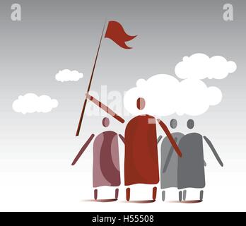 Cartoon of Leader With Leadership Flag Leading a Team of Business ...