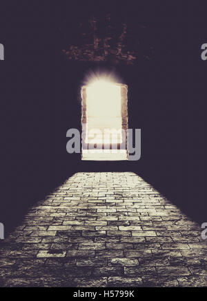 Medieval basement with stone floor and its stairs leading to a strong ...