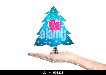 Christmas card mock up. Modern greeting card flat lay with green fir ...