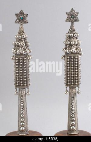 A set of Torah finials from Yemen, made of silver, used in Jewish ...