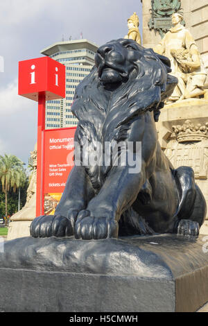 The Lions at Colon Tower - Barcelona Column Stock Photo - Alamy
