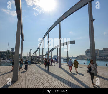 Modern pedestrian bridge at Port Vell called Rambla de Mar Stock Photo ...