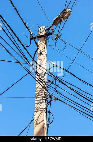 Electric power post with wire against bright blue sky and clouds Stock ...