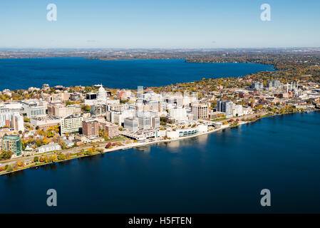 An aerial view of Madison, Wisconsin, the State Capitol, and the Stock ...