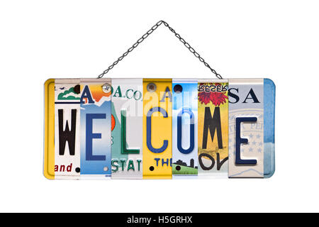Welcome sign written with recycled US license plates Stock Photo - Alamy