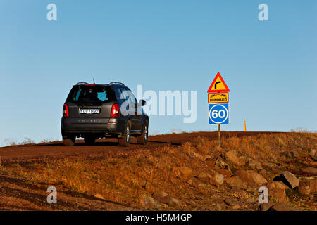 Blind spot hill road sign warning, Westfjörds, Iceland, North Atlantic ...