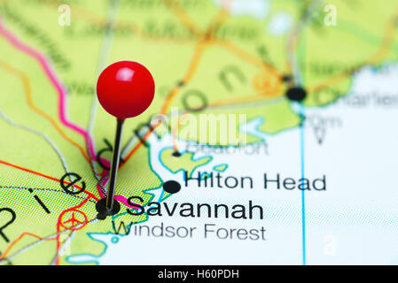 Savannah map. Savannah pinned. Map with red pin point of Savannah in ...