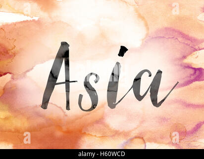 The word "Asia" concept and theme painted in watercolor ink on a white ...