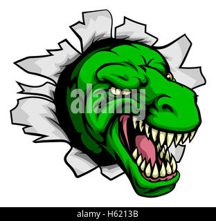 Cartoon T Rex tyrannosaurus dinosaur mascot ripping through the background with its claws Stock ...