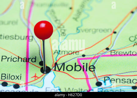 Mobile map. Mobile pin map. Close up of Mobile map with red pin. Map ...