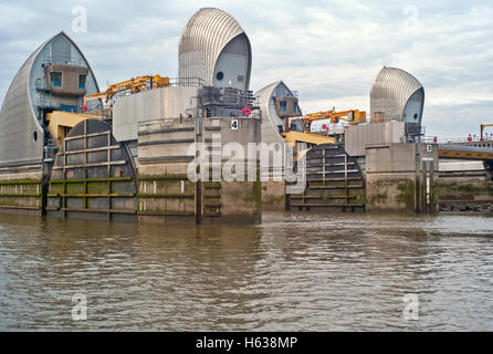 The Thames Flood Barrier at at Woolwich Reach in London, opened in ...