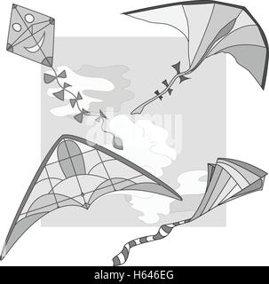 Beautiful kites and clouds in the sky. Happy kites of various shapes ...
