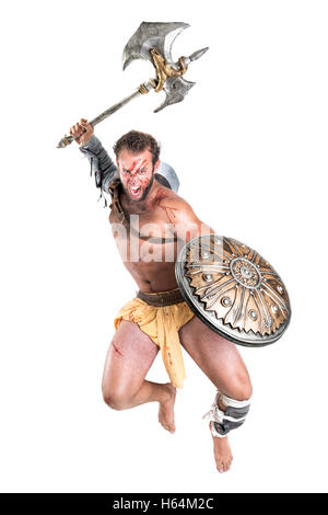 Ancient warrior or Gladiator jumping isolated in a white background ...