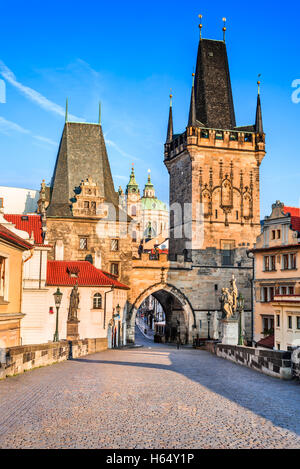 Charles Bridge with its statuette, Lesser Town Bridge Tower and the ...