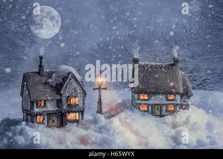 Rural house with glowing windows at night sky with moon Stock Photo - Alamy