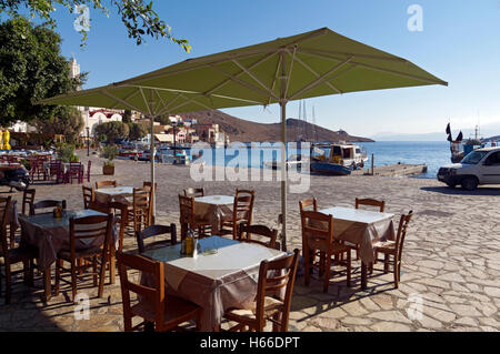 Harbour side Taverna, Village of Emborio, Chalki Island near Rhodes ...