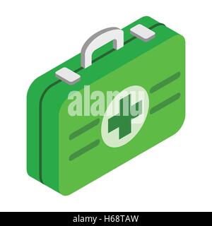 Bright red, isometric first aid kit icon with a green check mark ...