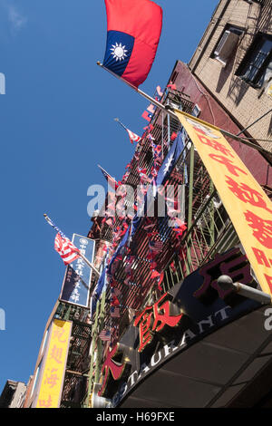 NYC Chinatown: U.S. and Taiwan flags fly above Chinese pharmacy at 23 Division Street, a four ...
