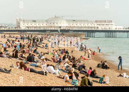 Surfers and sunbathers on Brighton beach Stock Photo - Alamy